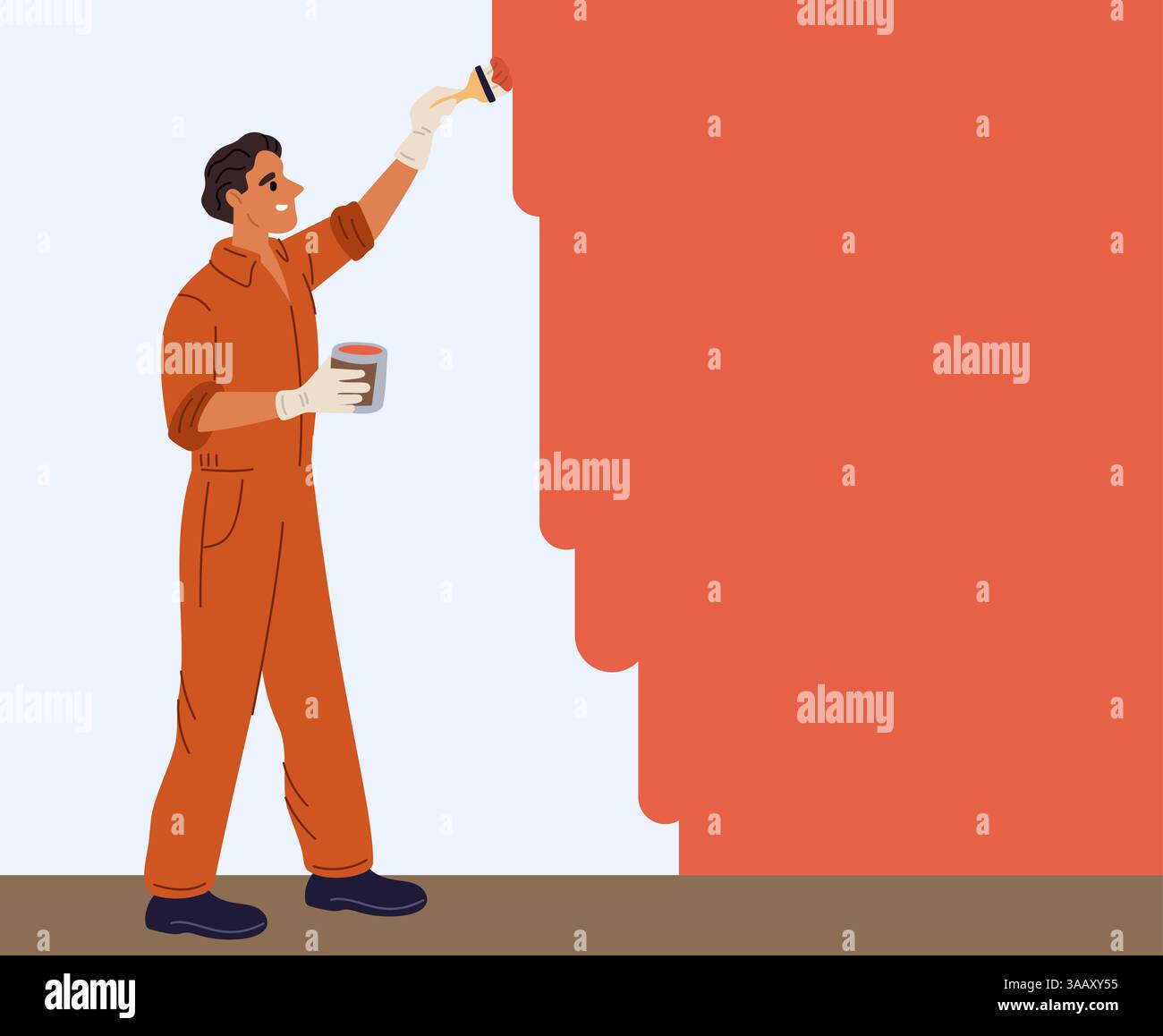 Uniformed painter paints wall. Professional decorator with paint brush ...