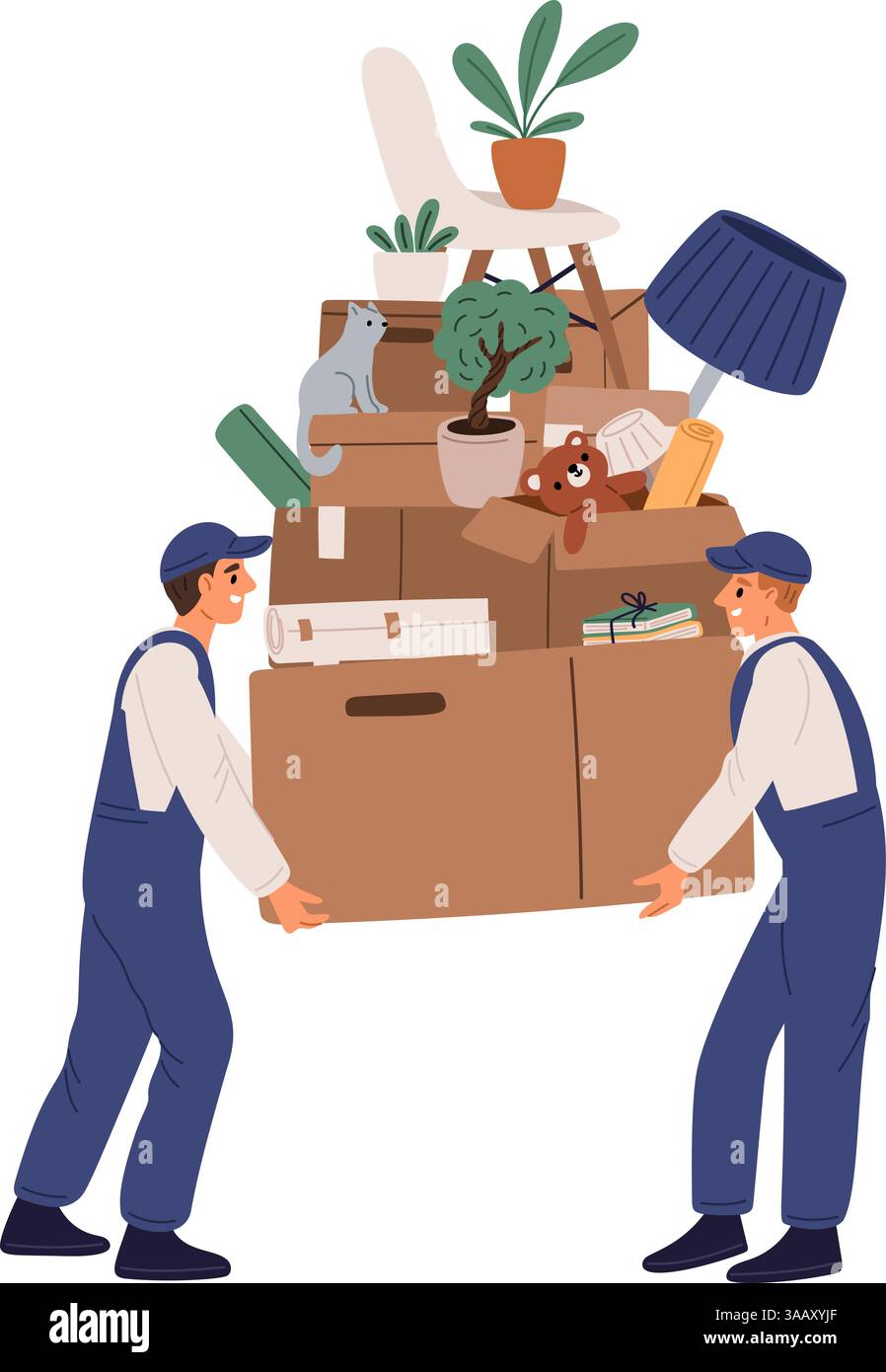 Two movers carry household goods. Loaders holding cardboard boxes ...