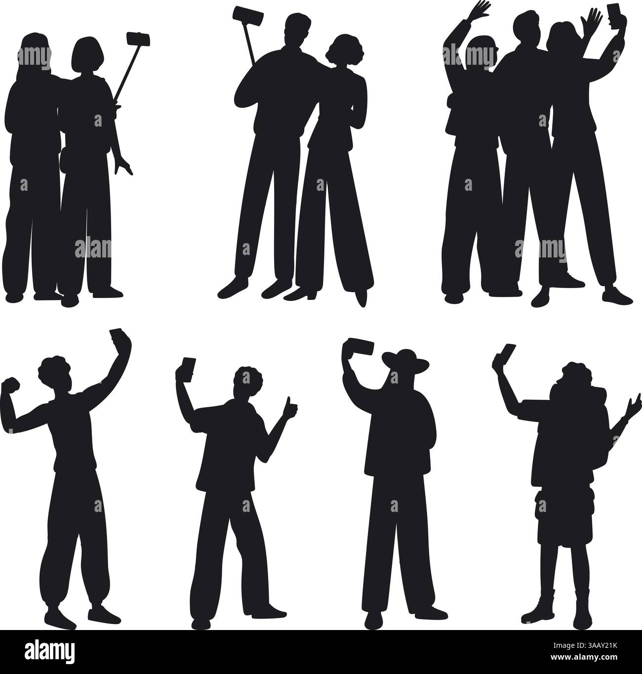 Silhouettes women and men with phones taking selfies. People shooting ...