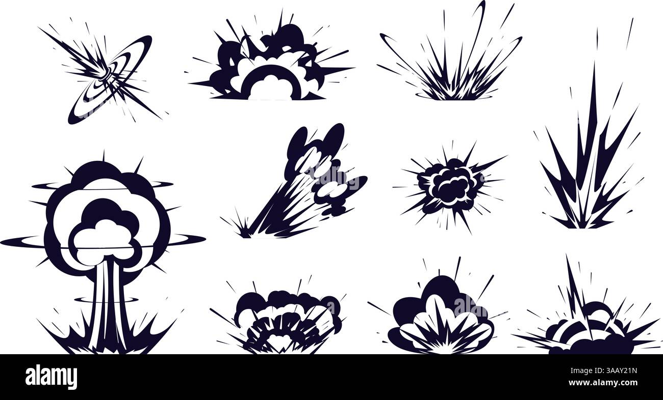 Silhouettes explosions and flashes of fire. Bomb boom. Power blasts ...