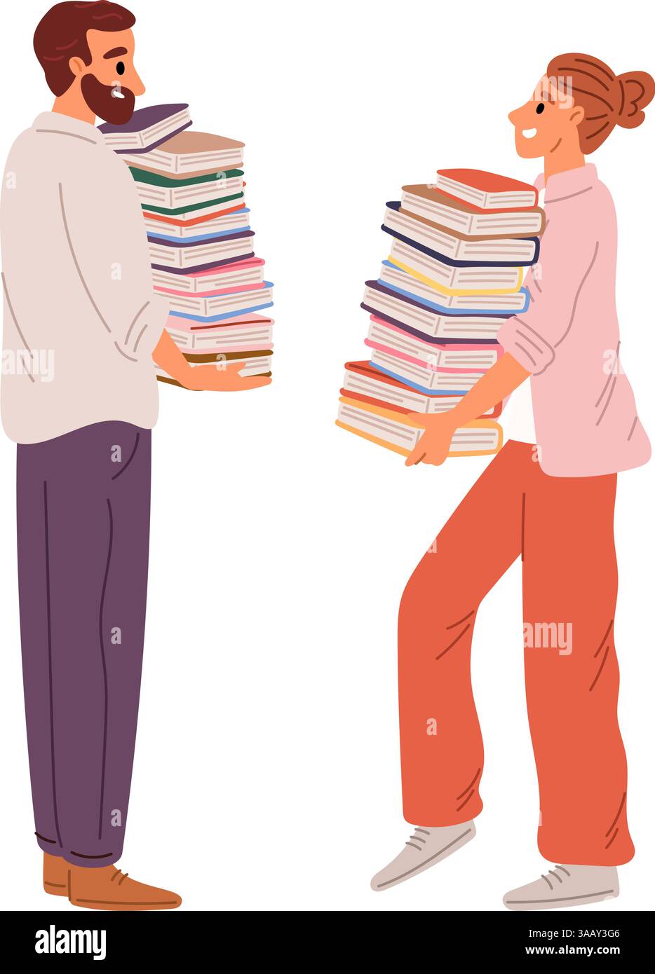 Self education. Man and woman holding stacks of books. Educational ...