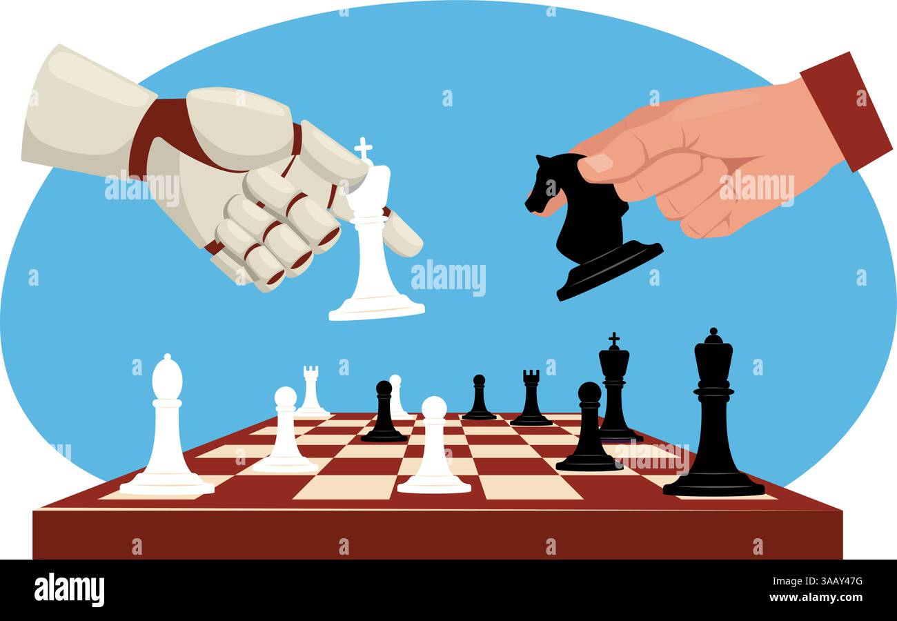Robot and human playing chess. Artificial intelligence and people ...