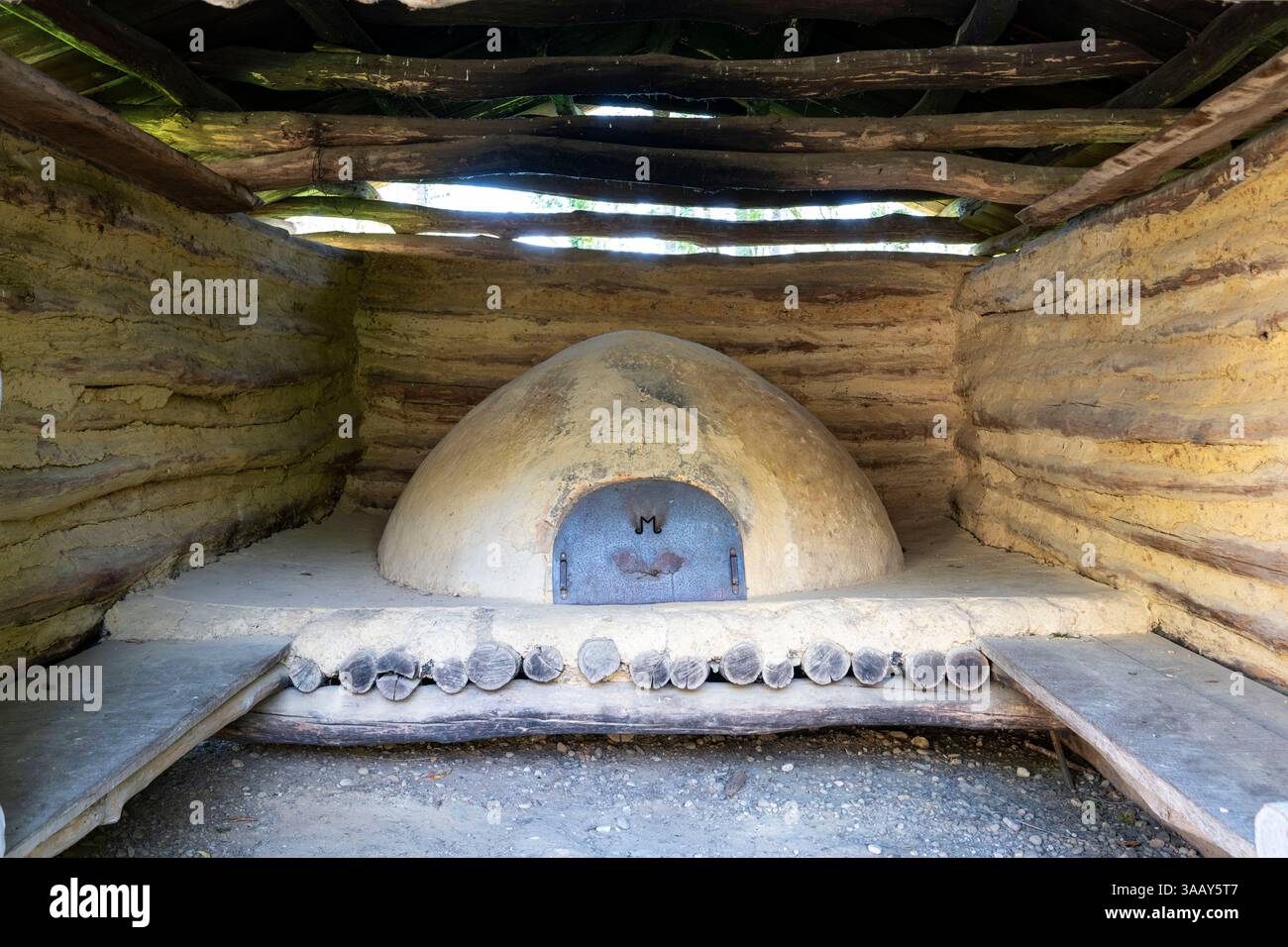 France, Jura, the restored hamlet of the huts of the 14th in the forest ...