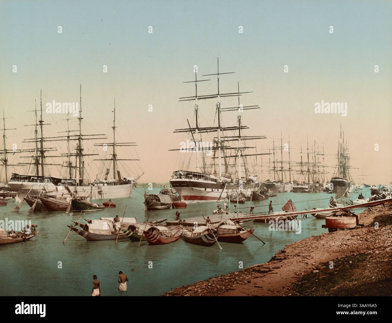 Photochrom print of sailing ships at the harbor in Calcutta (Kolkata ...
