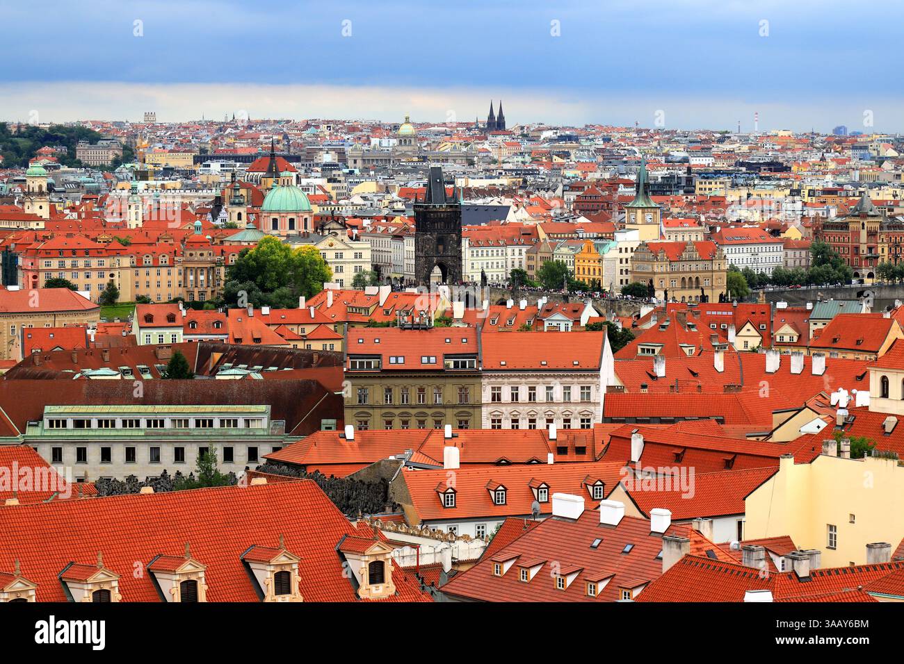 Old medieval houses, building, red tiled roofs in Prague, Czech ...