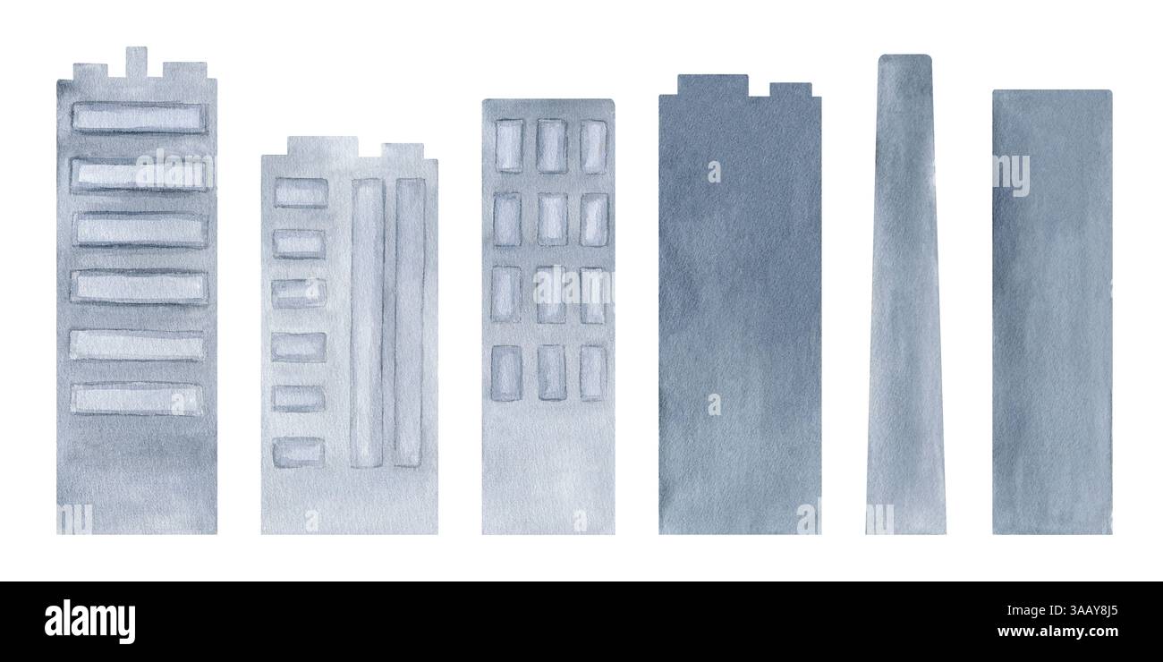 Set of silhouette buildings, skyscrapers. Watercolor grey monochrome ...