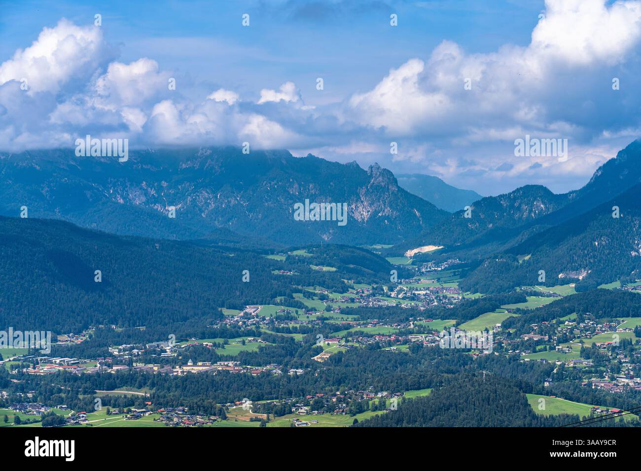 Panorama view of Schoenau town on the lake side of Koenigssee lake in ...
