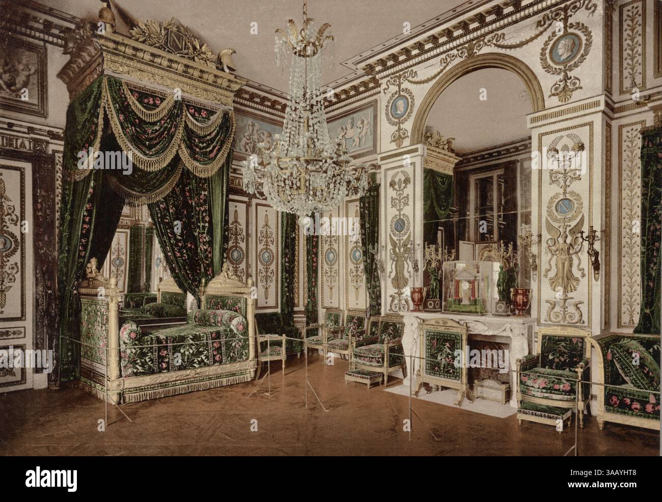 Vintage photochrom print of the bedroom of Napoleon I at the Palace of ...