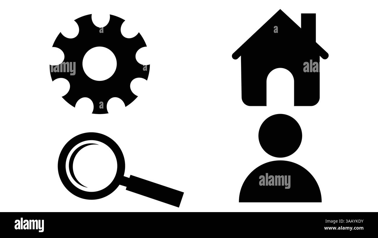 Black Silhouette Icon Set – Gear, Search, Home, and User Symbol for ...