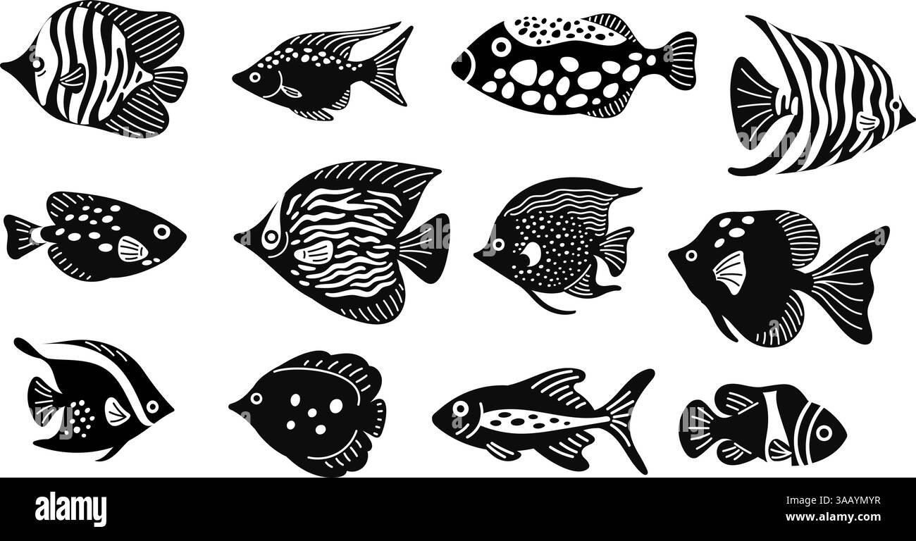Coral sea fish silhouettes. Exotic water animals. Underwater creatures ...