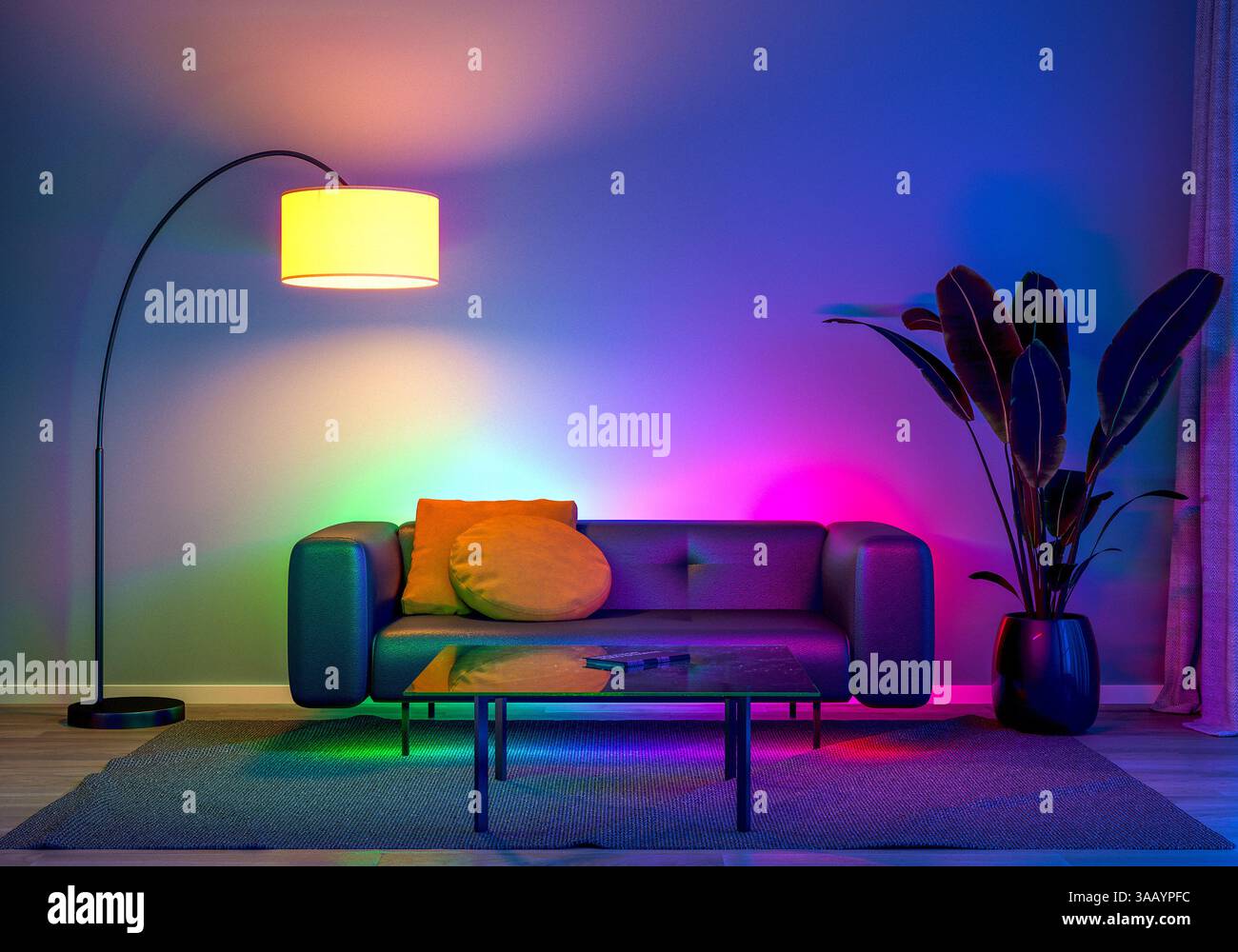 This image showcases a modern living room with ambient LED lighting and ...