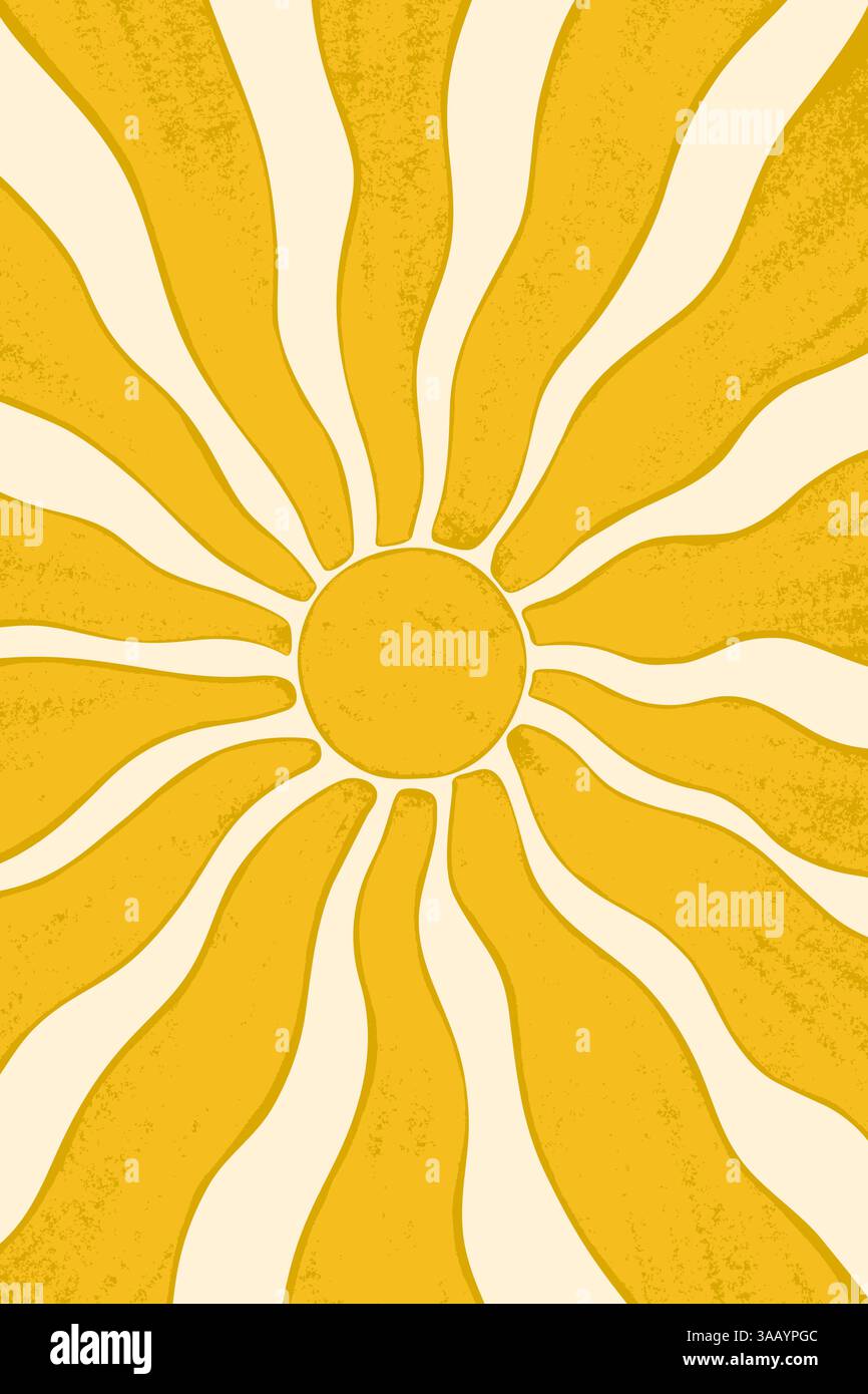 Abstract retro summer sun poster. Groovy sun with wavy rays and crayon style texture Stock ...