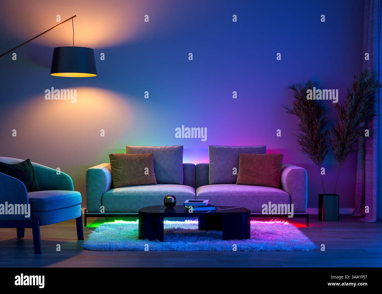 This image showcases a modern living room with ambient LED lighting and ...