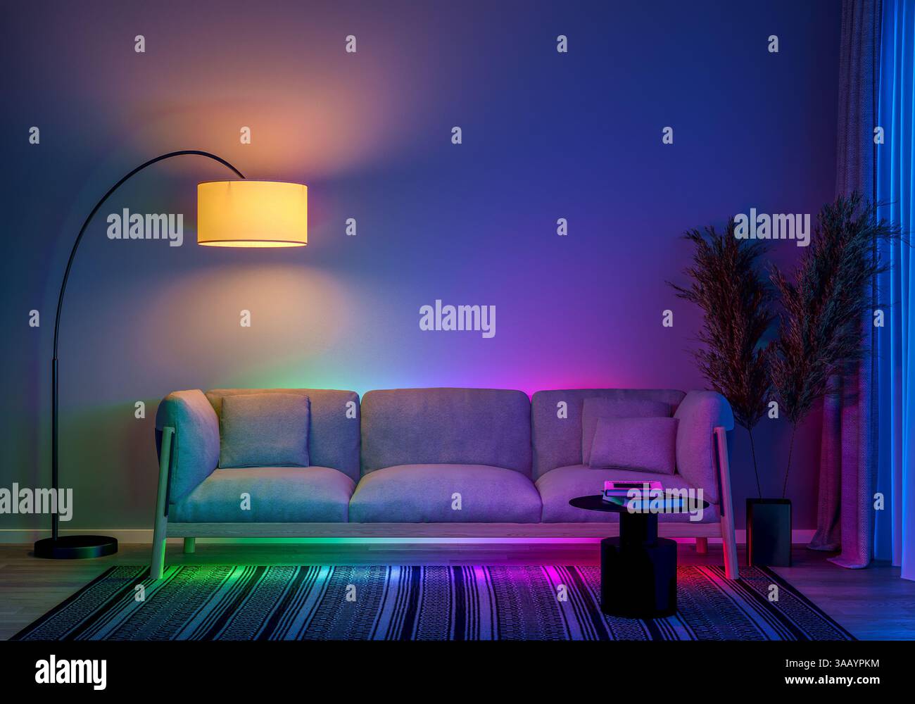 This image showcases a modern living room with ambient LED lighting and ...
