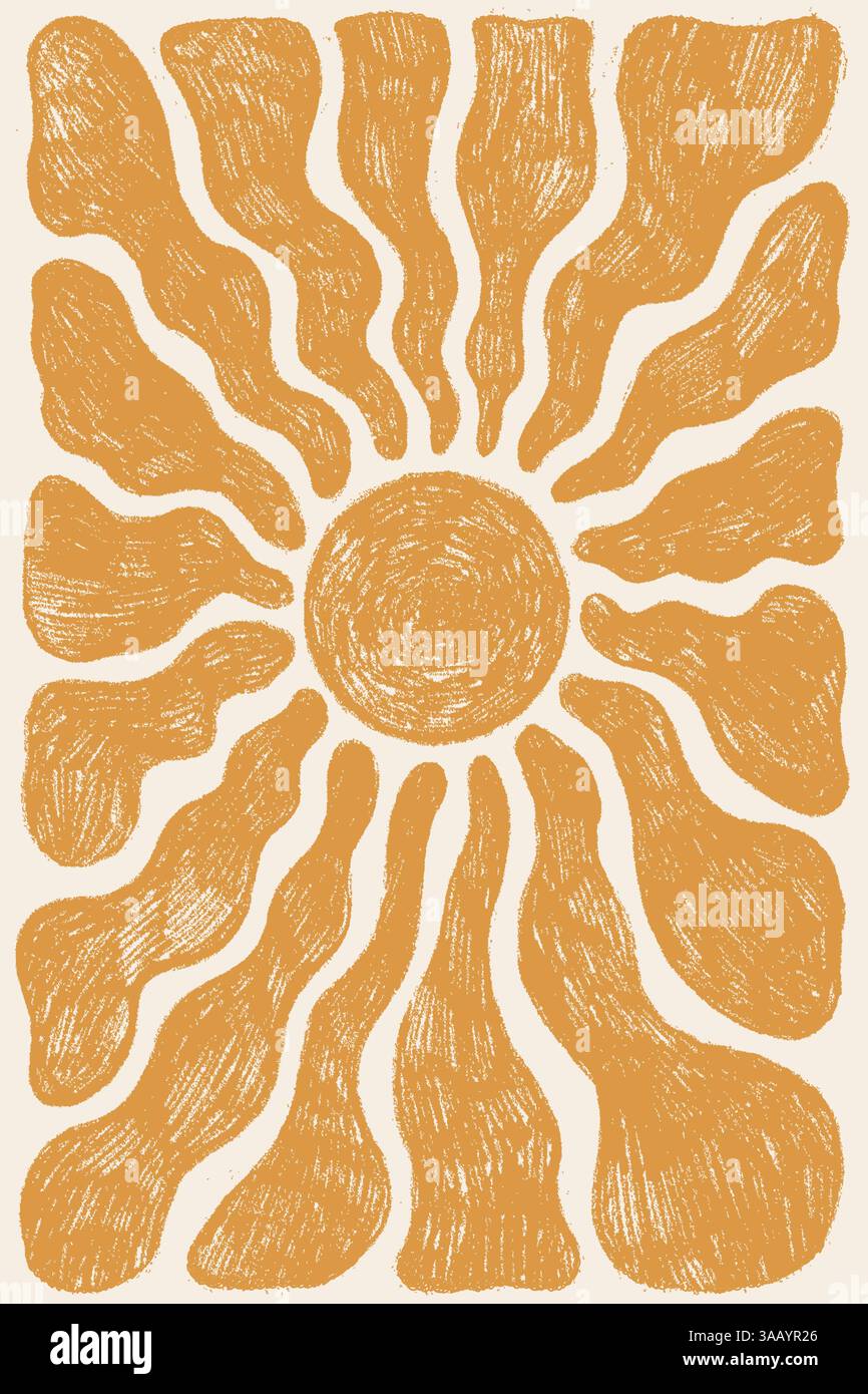 Abstract retro summer sun poster Groovy sun with wavy rays and crayon ...