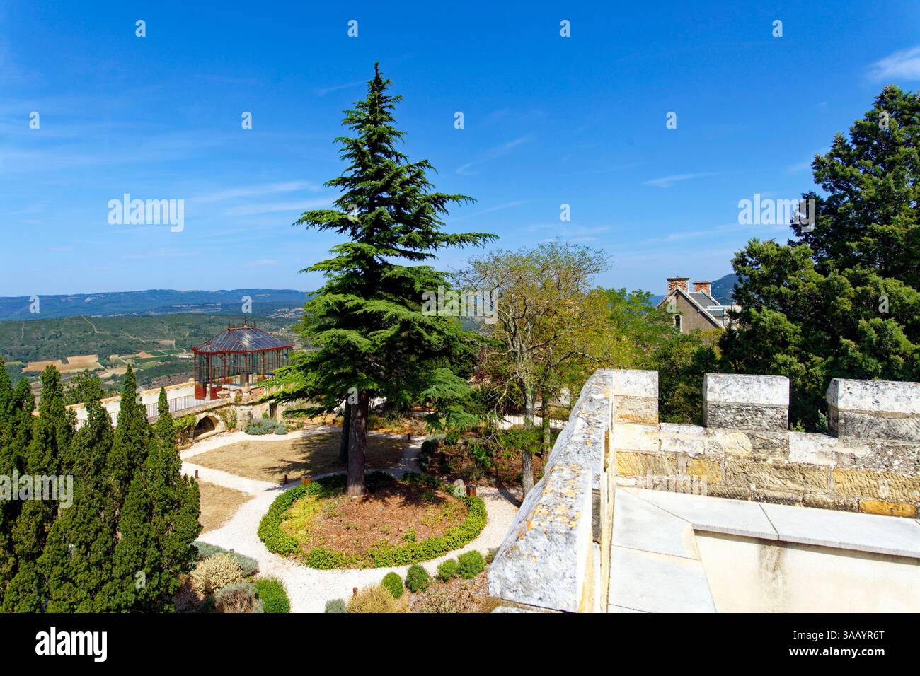 France, Aude, Rennes le chateau, Glass tower and ramparts in the museum ...