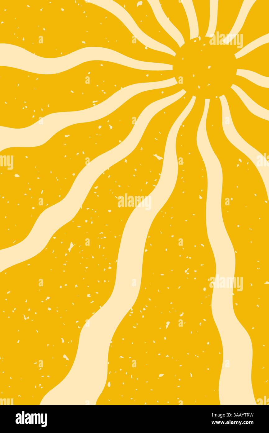 retro summer sun poster. Groovy sun with wavy rays and vintage grain ...
