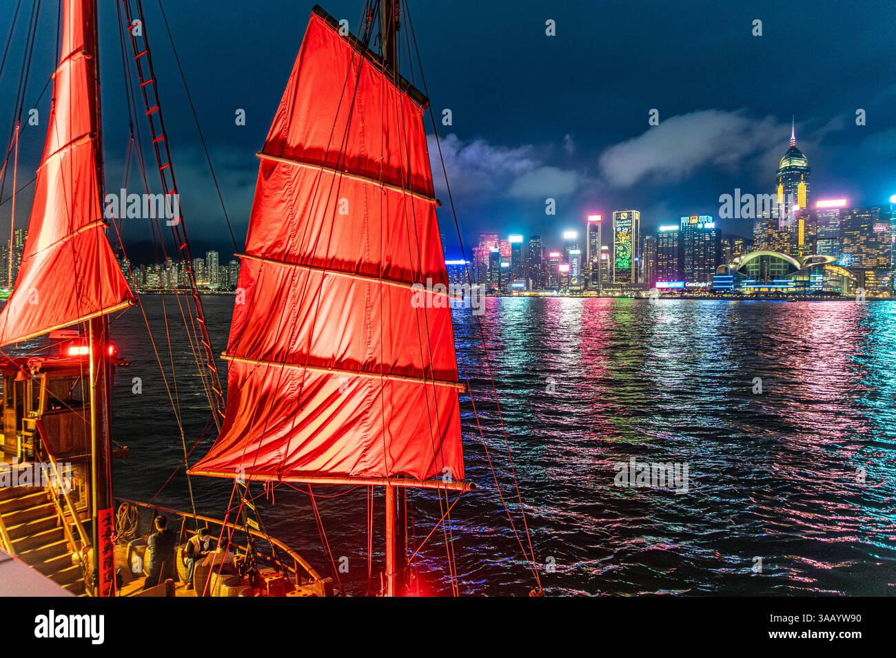 The Dukling (Duk Ling) red sail junk boat on an evening cruise at dusk ...
