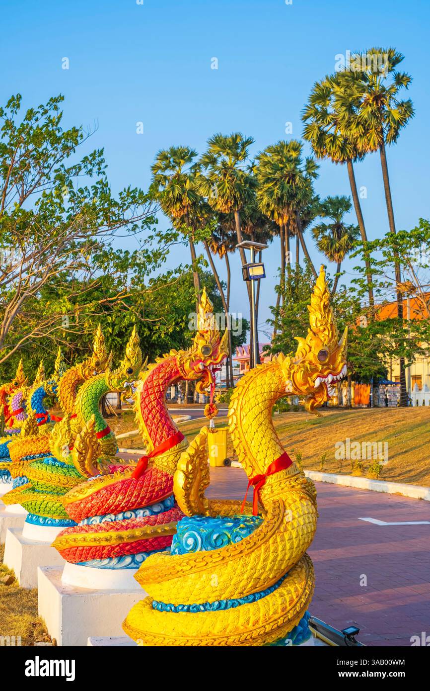 Laos, Savannakhet, alignment of nagas on the banks of the Mekong river ...