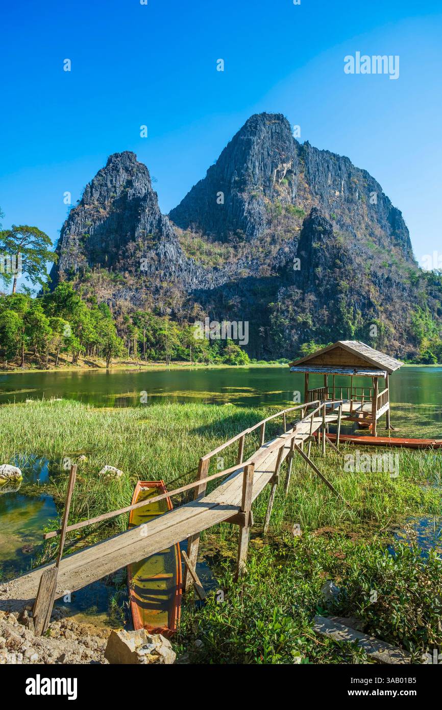Laos, Khammouane province, Thakhek, Nong Thao Lake near Pa Seuam Cave ...
