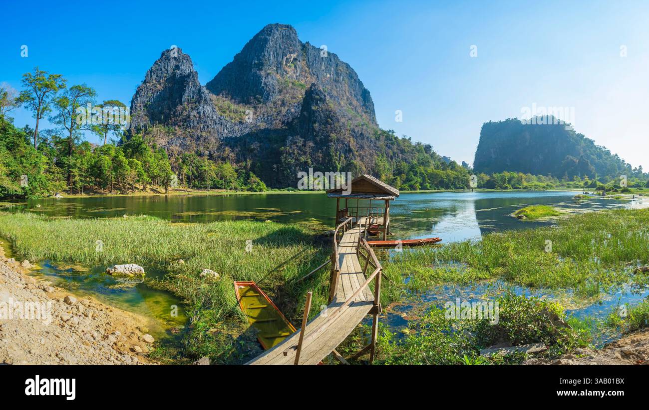 Laos, Khammouane province, Thakhek, Nong Thao Lake near Pa Seuam Cave ...