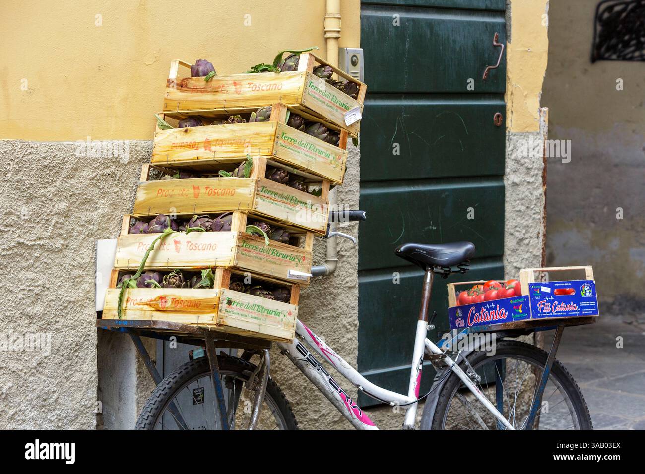 Italy, Tuscany, Lucca province, Lucca, bicycle of a delivery man with ...