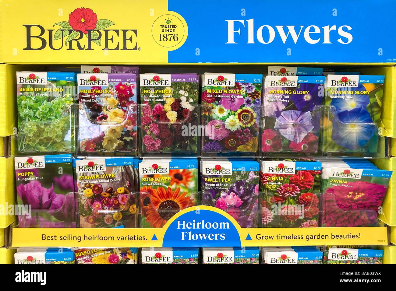 HUDSON, WI, USA, JANUARY 10, 2025: Burpee heirloom flower seed display ...