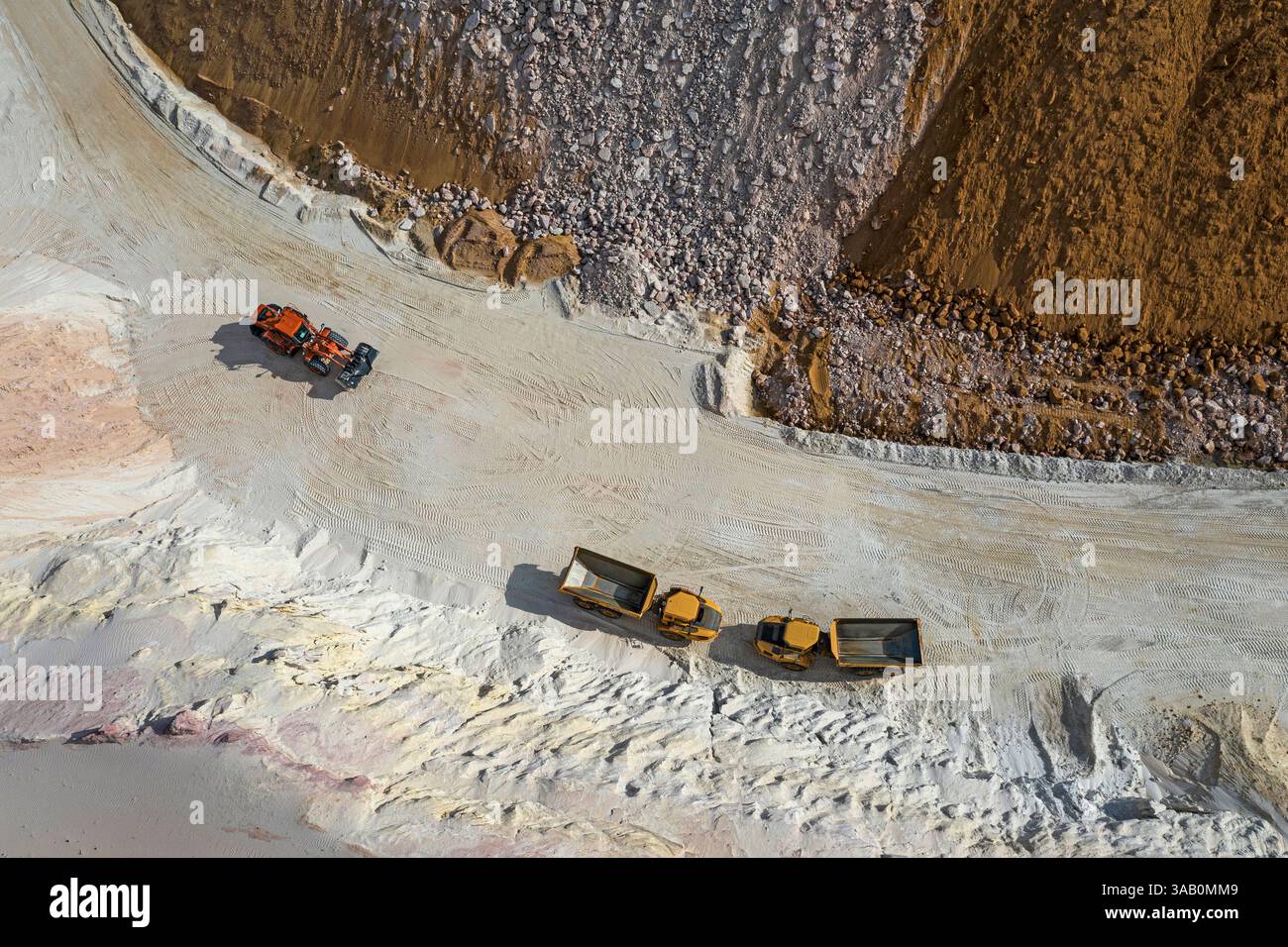 Aerial view of a dumper and an excavator in a sand quarry Stock Photo ...
