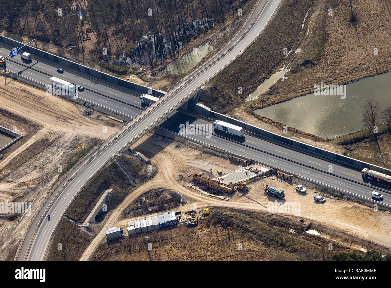 Aerial high definition view of a highway and road under construction in ...
