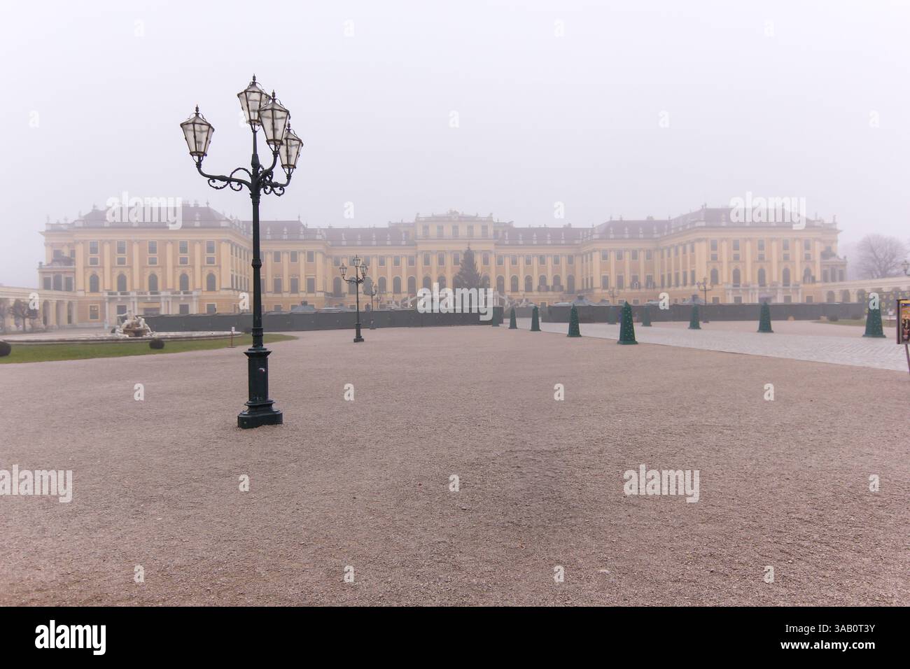 A majestic historic palace enveloped in a soft morning fog, accompanied ...