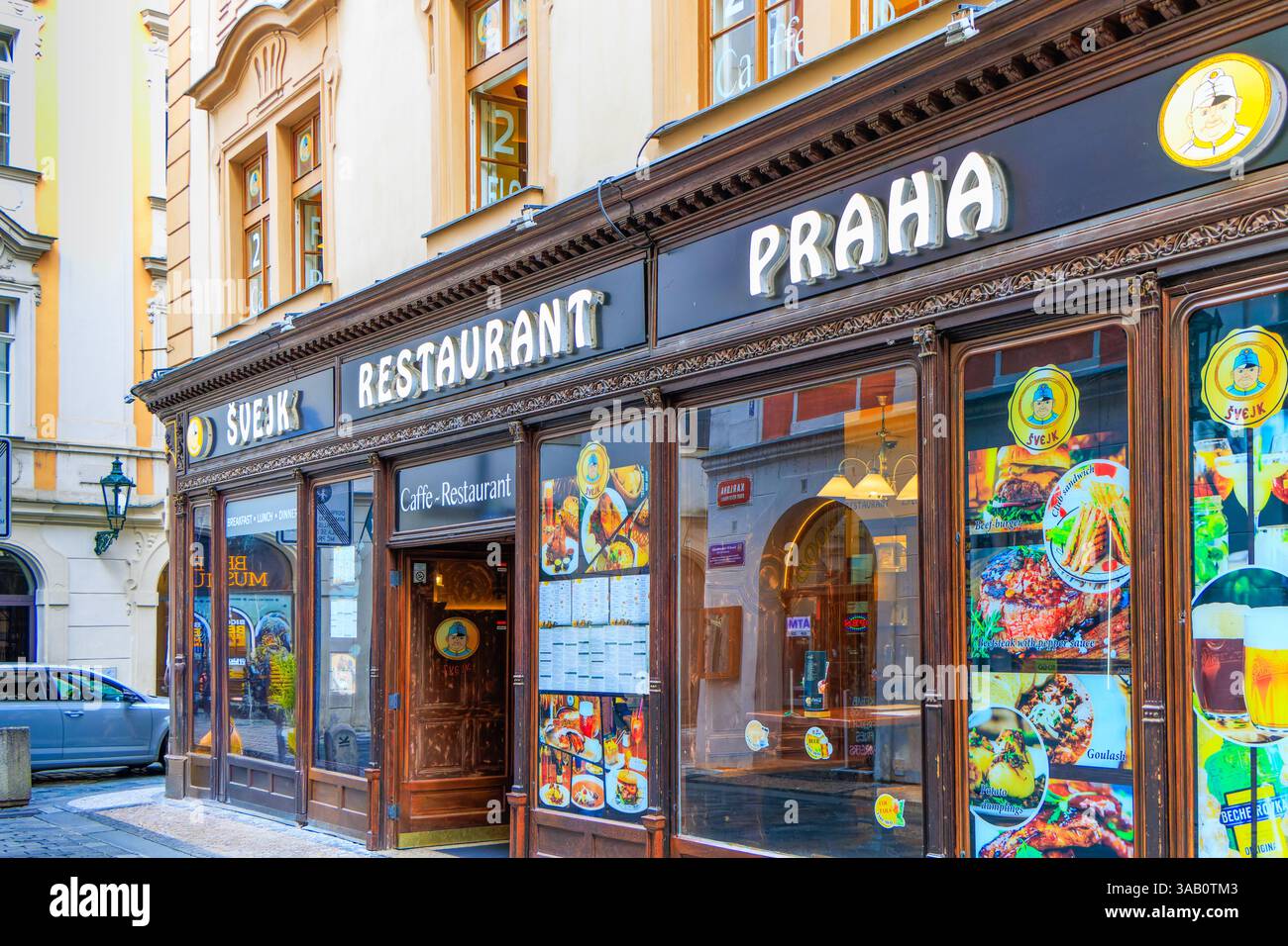 PRAGUE, CZECH REPUBLIC. Facade front view of a traditional restaurant ...