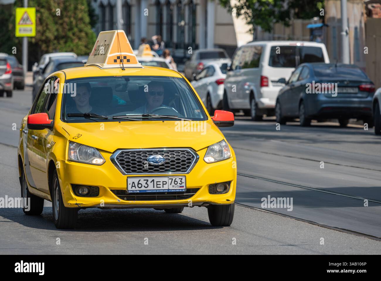 Samara, Russia – June 22, 2018. Taxi car in Samara, Russia. View with ...
