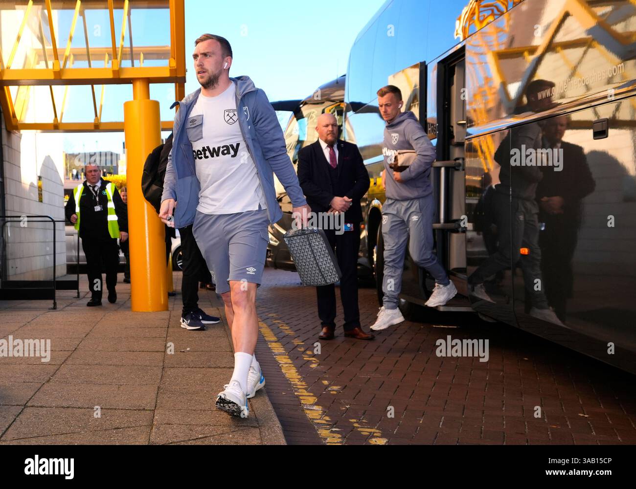 West Ham United's Jarrod Bowen (left) and James Ward-Prowse arrive ...