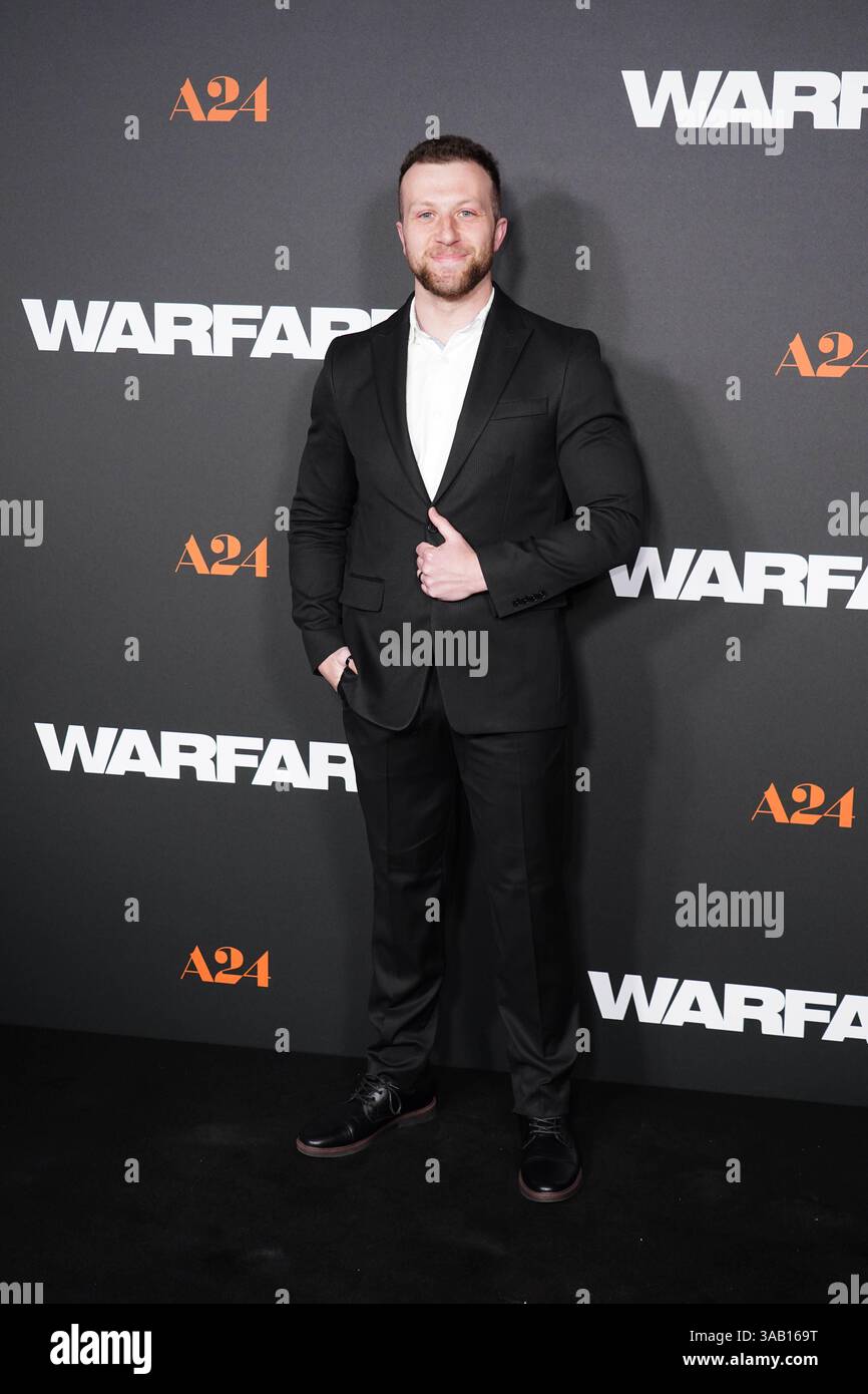 Aaron Deakins arriving for a special screening of Warfare, at The Cinema In The Power Station in ...