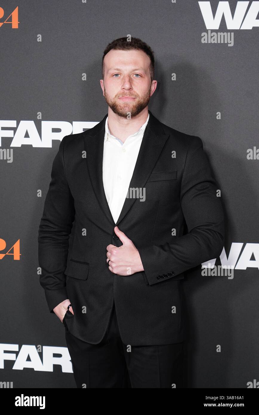 Aaron Deakins arriving for a special screening of Warfare, at The ...