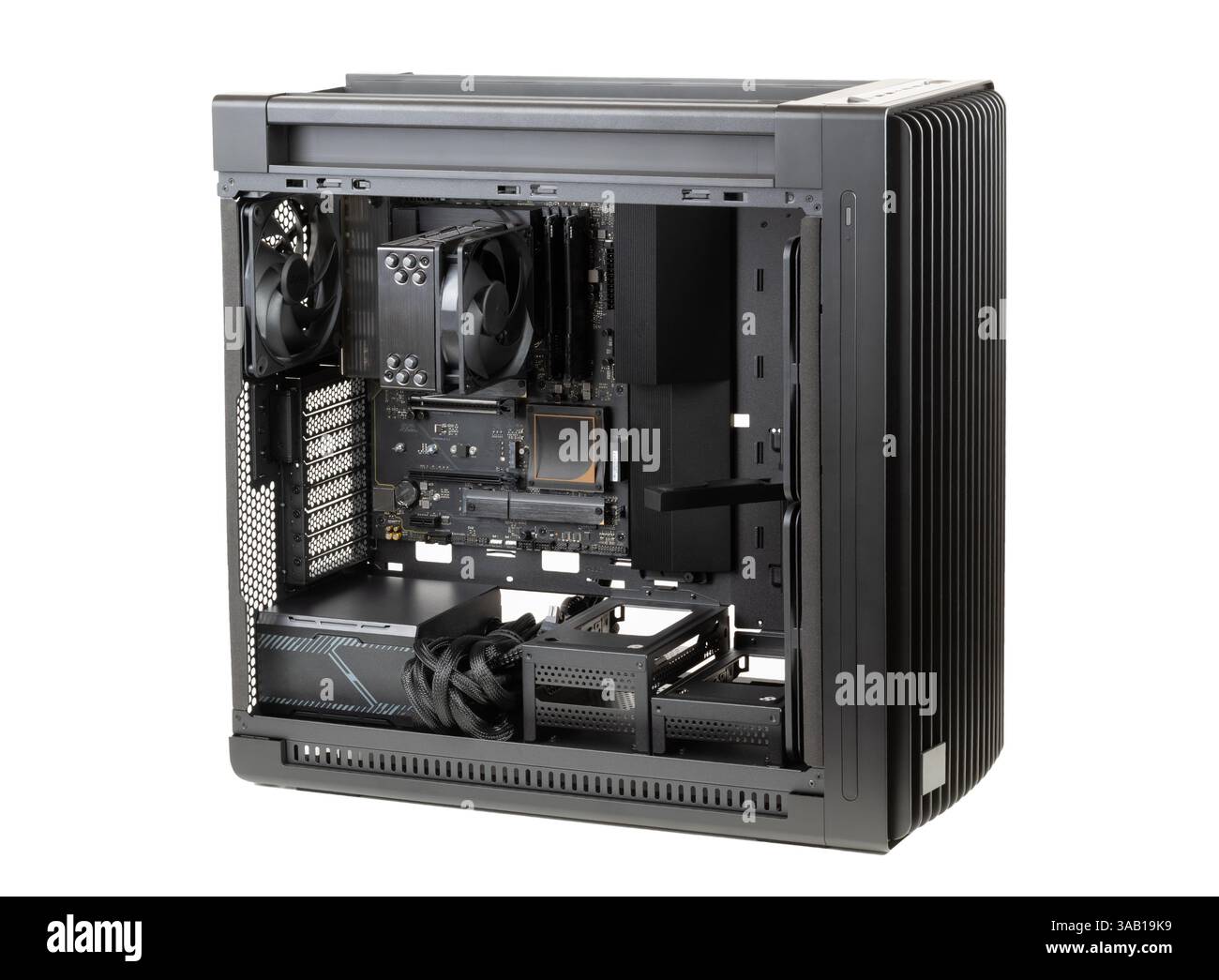 Side view big tower, PC case, chassis, inside motherboard, CPU, fan ...