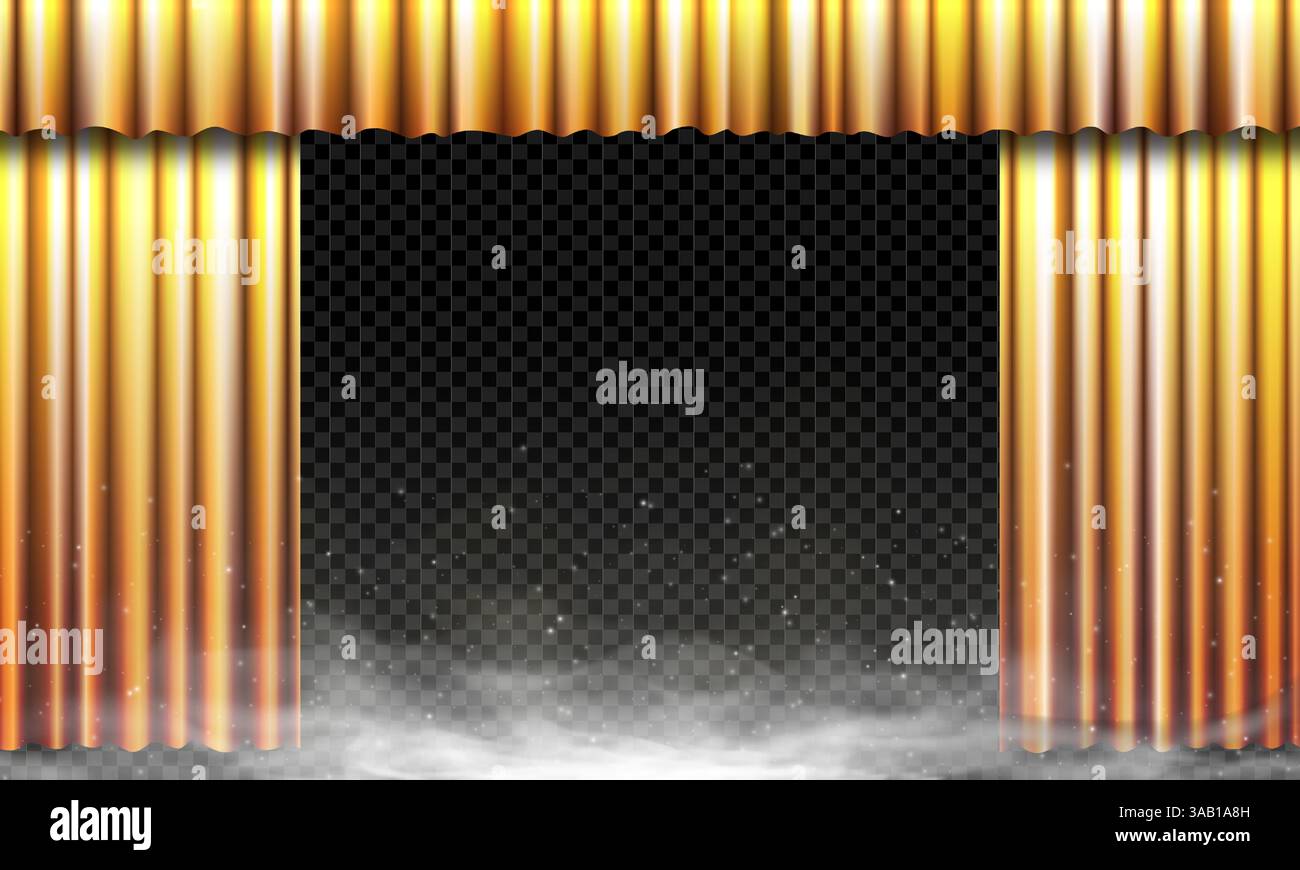 Realistic open gold theater curtain vector illustration. Luxurious silk ...