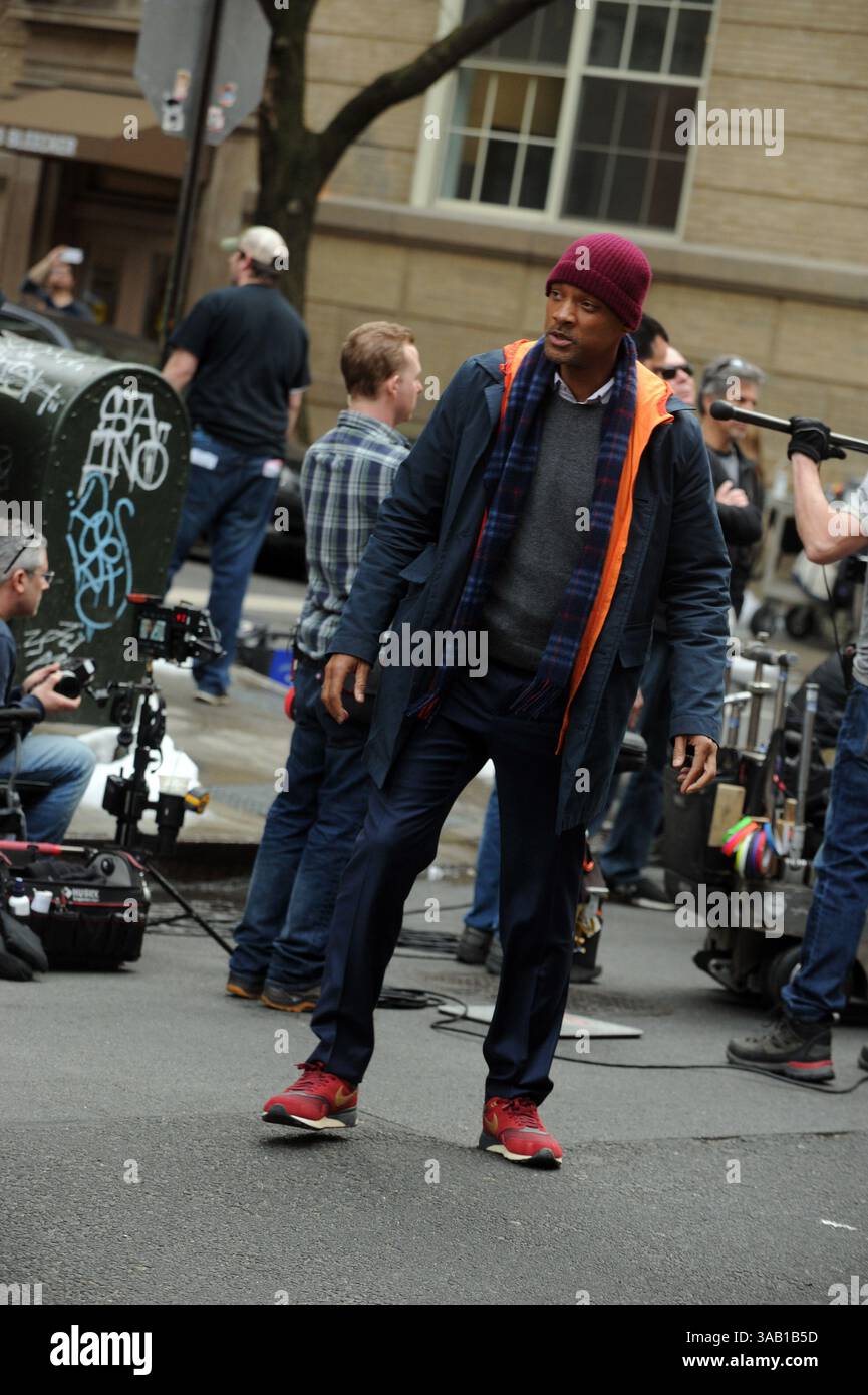 NEW YORK, NEW YORK - MARCH 31: Actor Will Smith rides a bike on the set ...