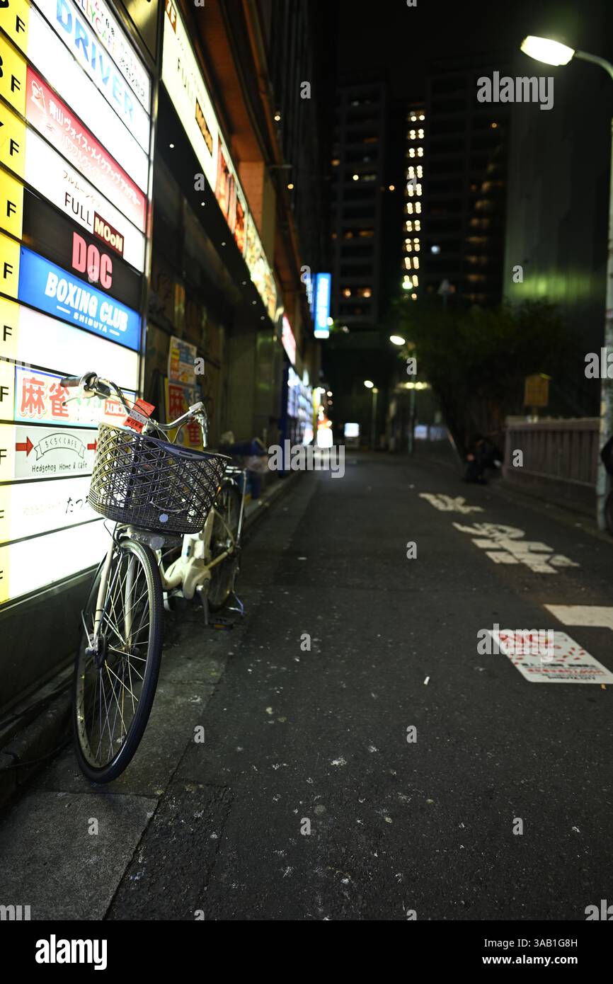 Night streets of Tokyo, Japan – neon-lit alleys, bicycles, and vibrant ...