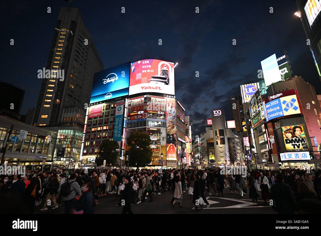 Shibuya Crossing at night in Tokyo, Japan – iconic pedestrian scramble with neon lights and ...