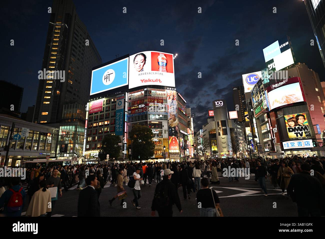 Shibuya Crossing at night in Tokyo, Japan – iconic pedestrian scramble with neon lights and ...