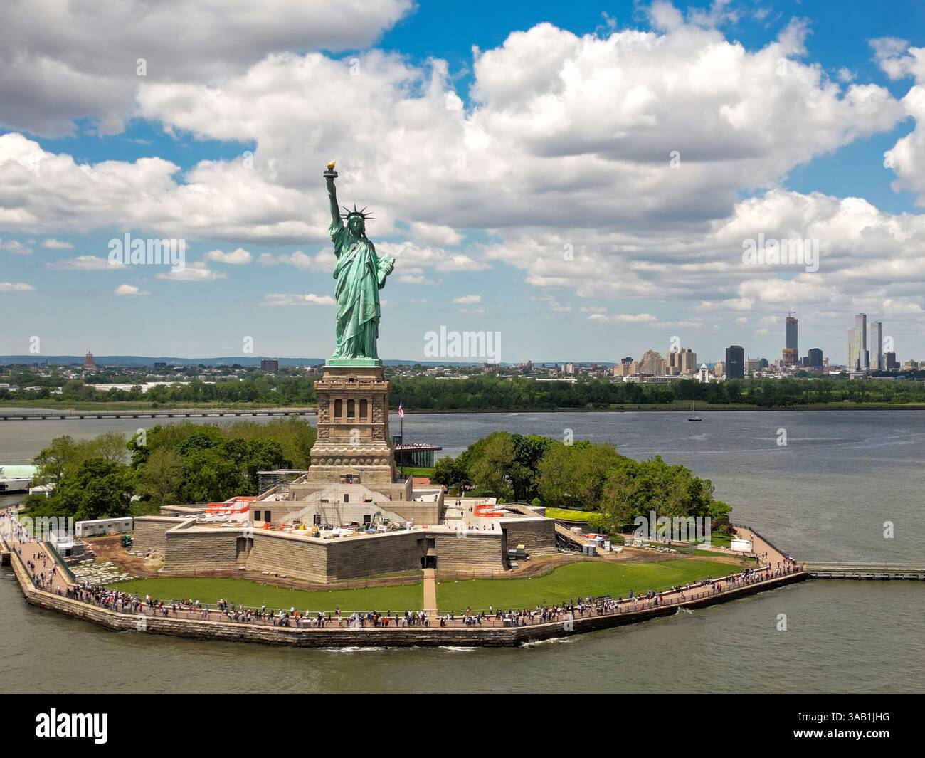 New York City with statue of liberty photo from drone. Aerial view of ...