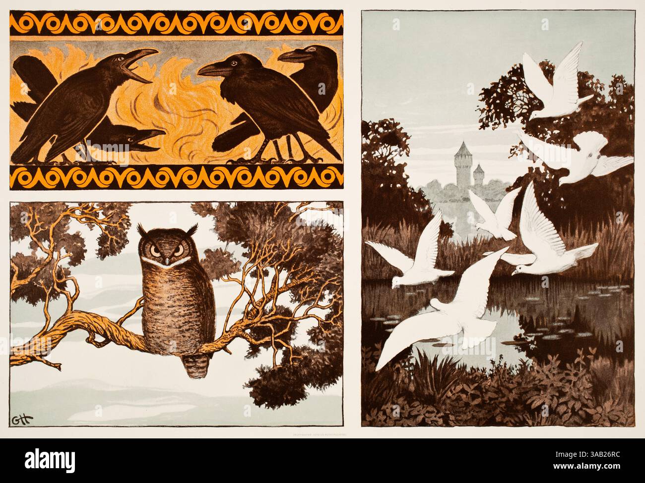 Raben eule und tauben, Ravens, owls and pigeons, decorative panels by ...