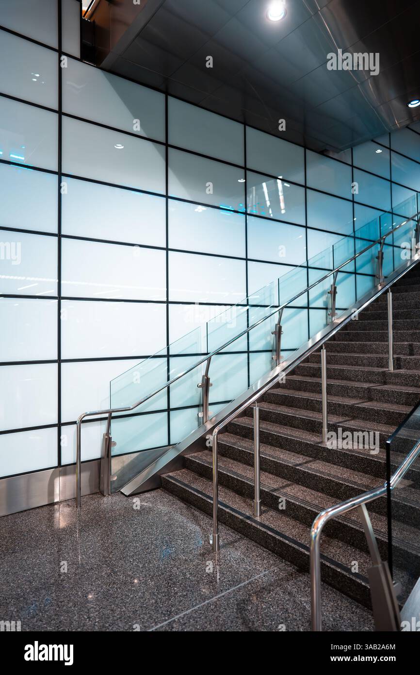 Elegant Modern Staircase with Glass Railings in Corporate Lobby, Sleek ...