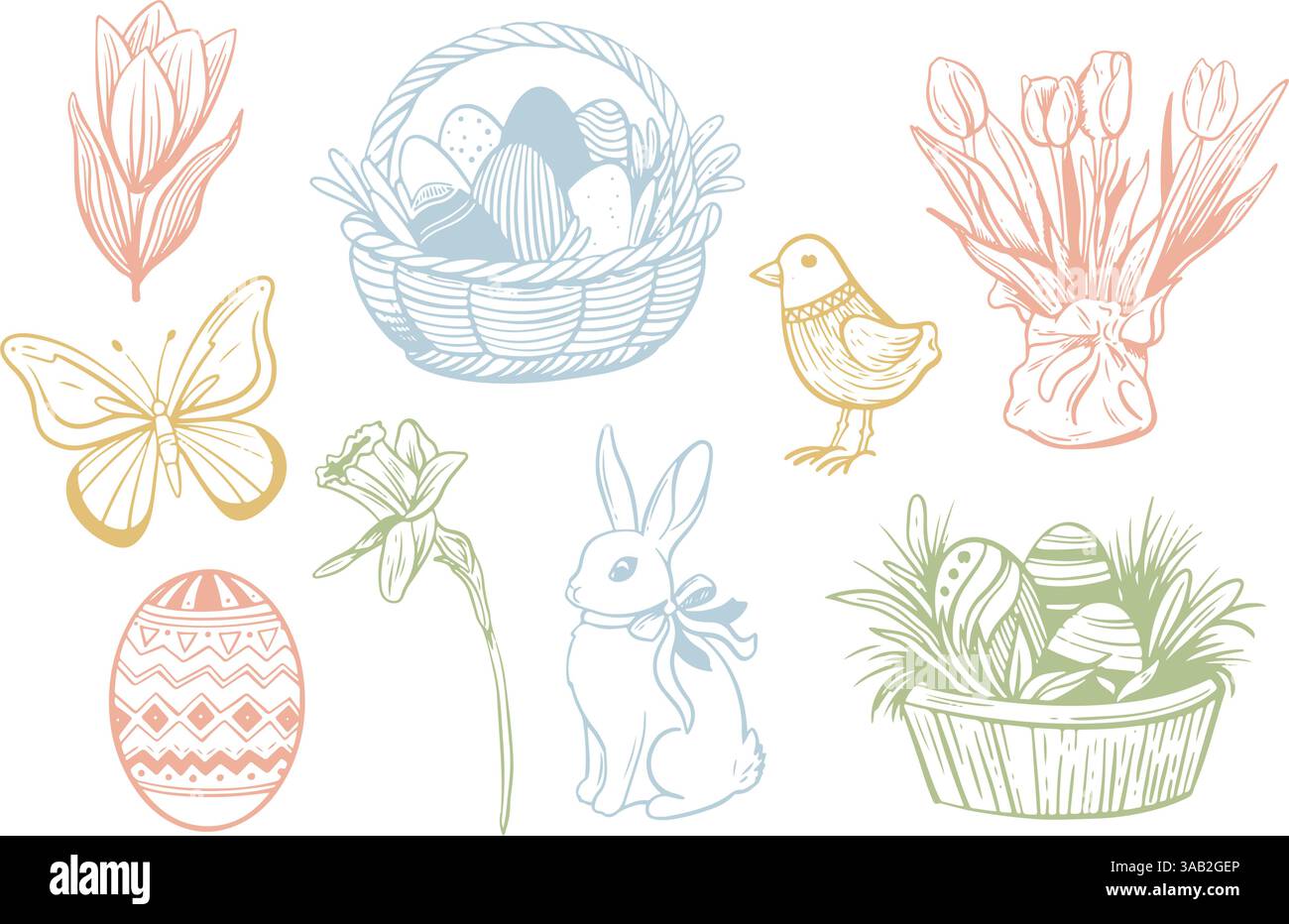 Hand drawn vintage easter elements. Spring collection sketch illustrations. Rabbit, eggs ...