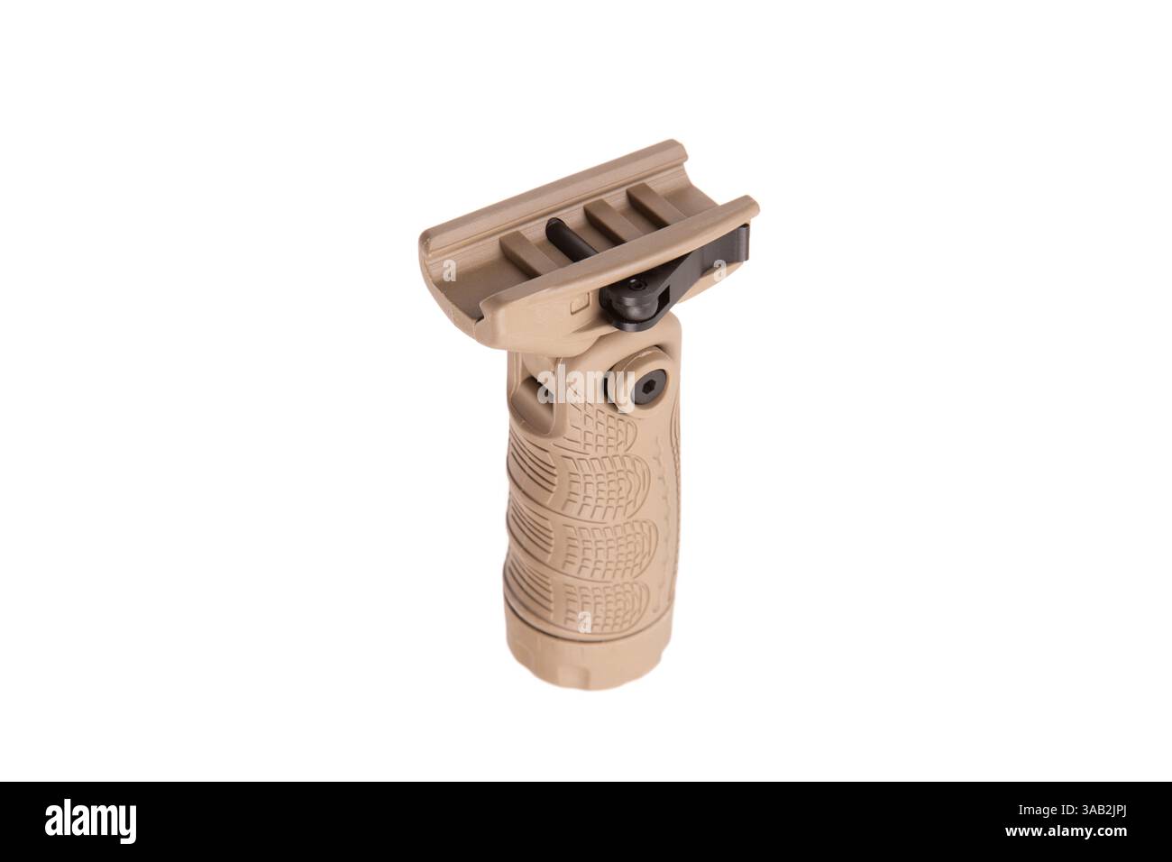 Close-up view of a tan tactical vertical foregrip designed for ...