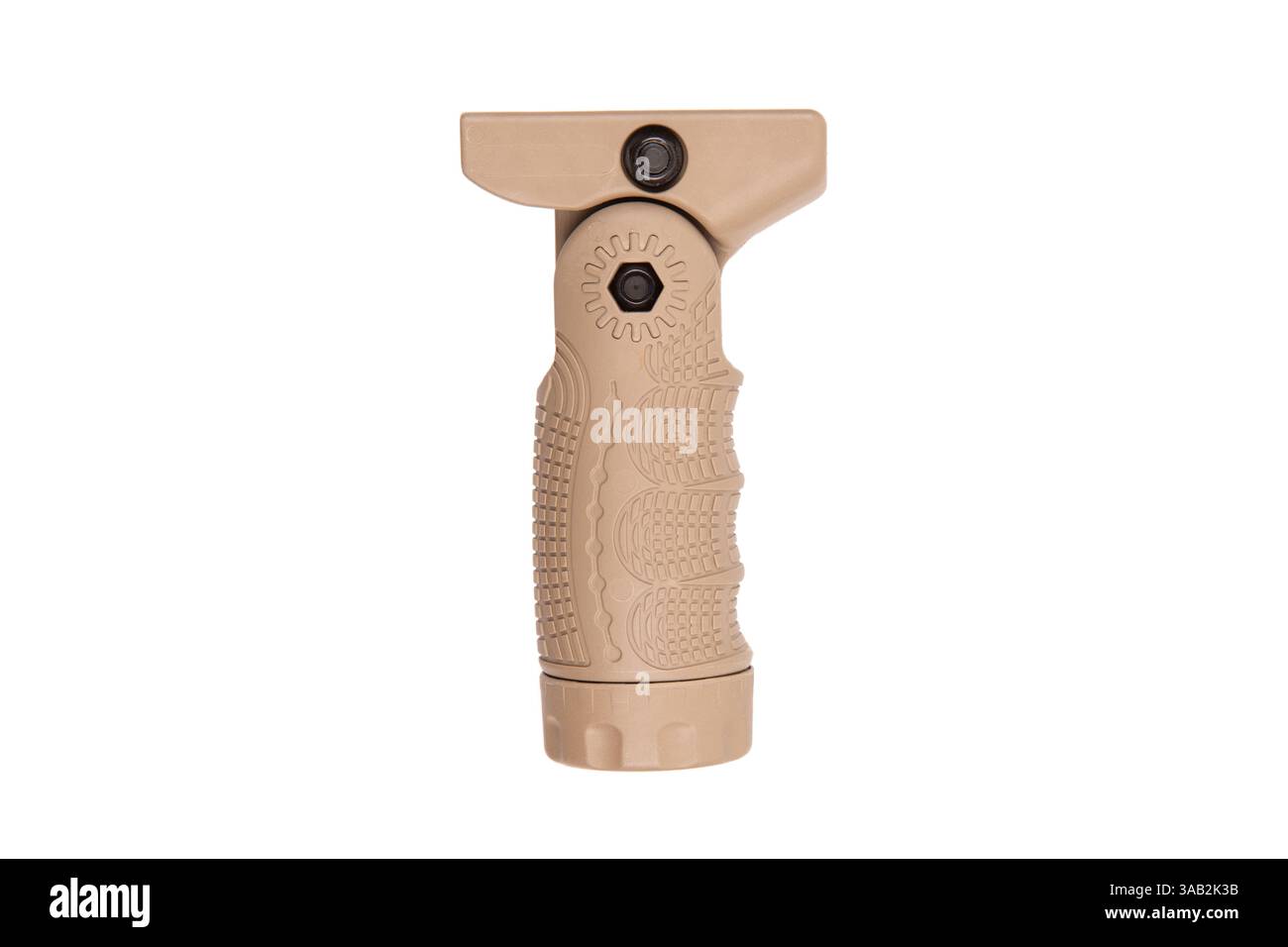 Close-up view of a tan tactical vertical foregrip designed for ...