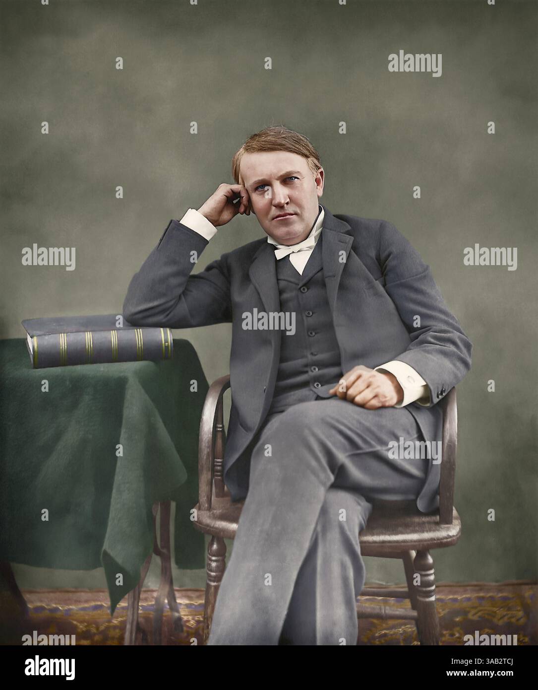 Portrait of Thomas Edison, seated, elbow resting atop book. Created ...