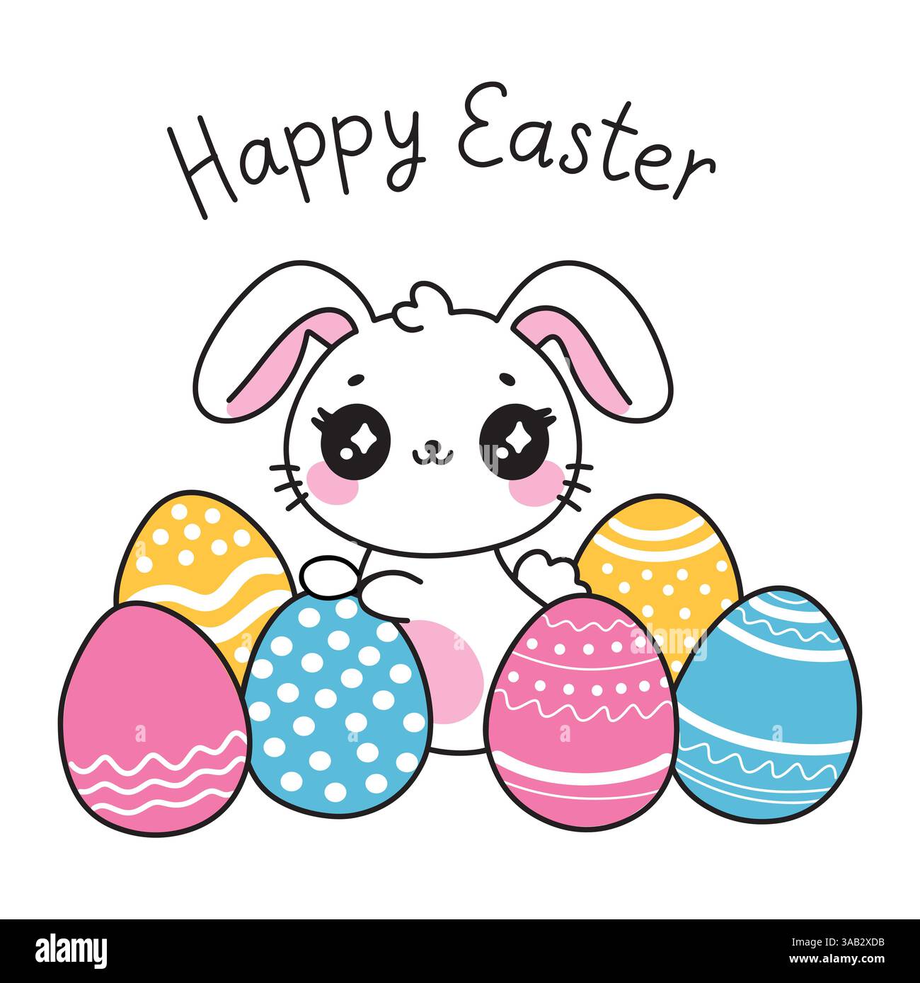 Happy Easter hand drawn greeting card with text lettering, cute kawaii ...