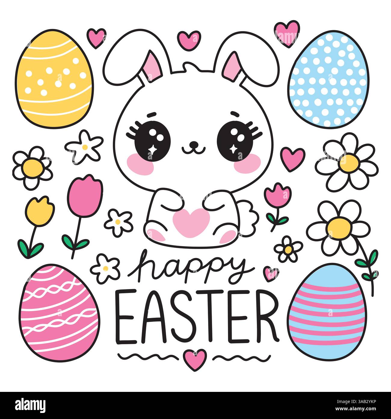 Cute Easter Greeting Card with Adorable Kawaii Bunny Rabbit, Colored ...